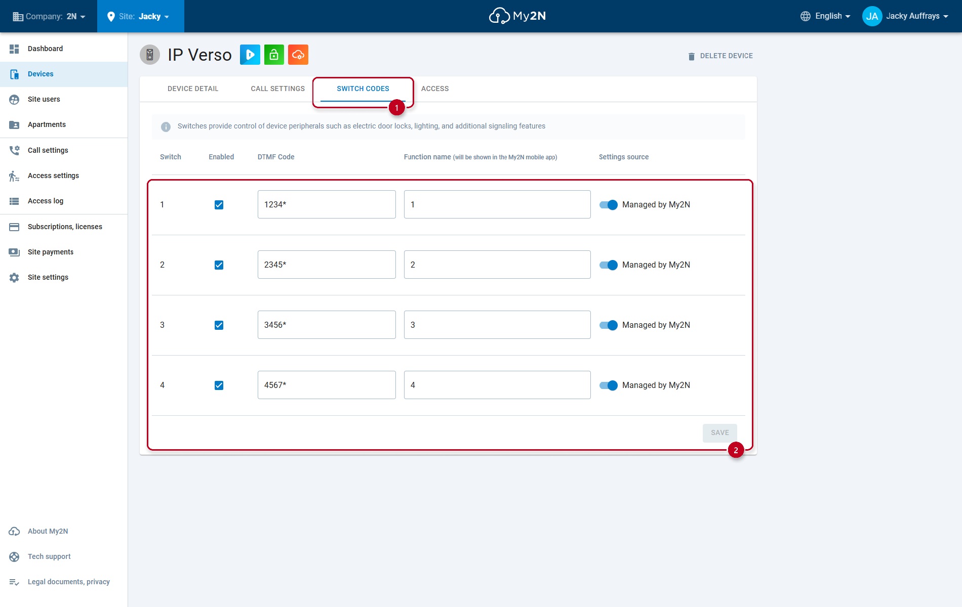 Configuration of the switch codes on the My2N Cloud | 2N Frequently ...